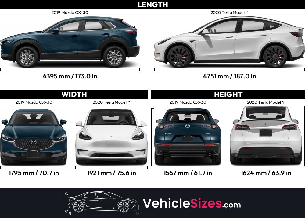 2019 Mazda CX-30 vs 2020 Tesla Model Y Dimension Comparison